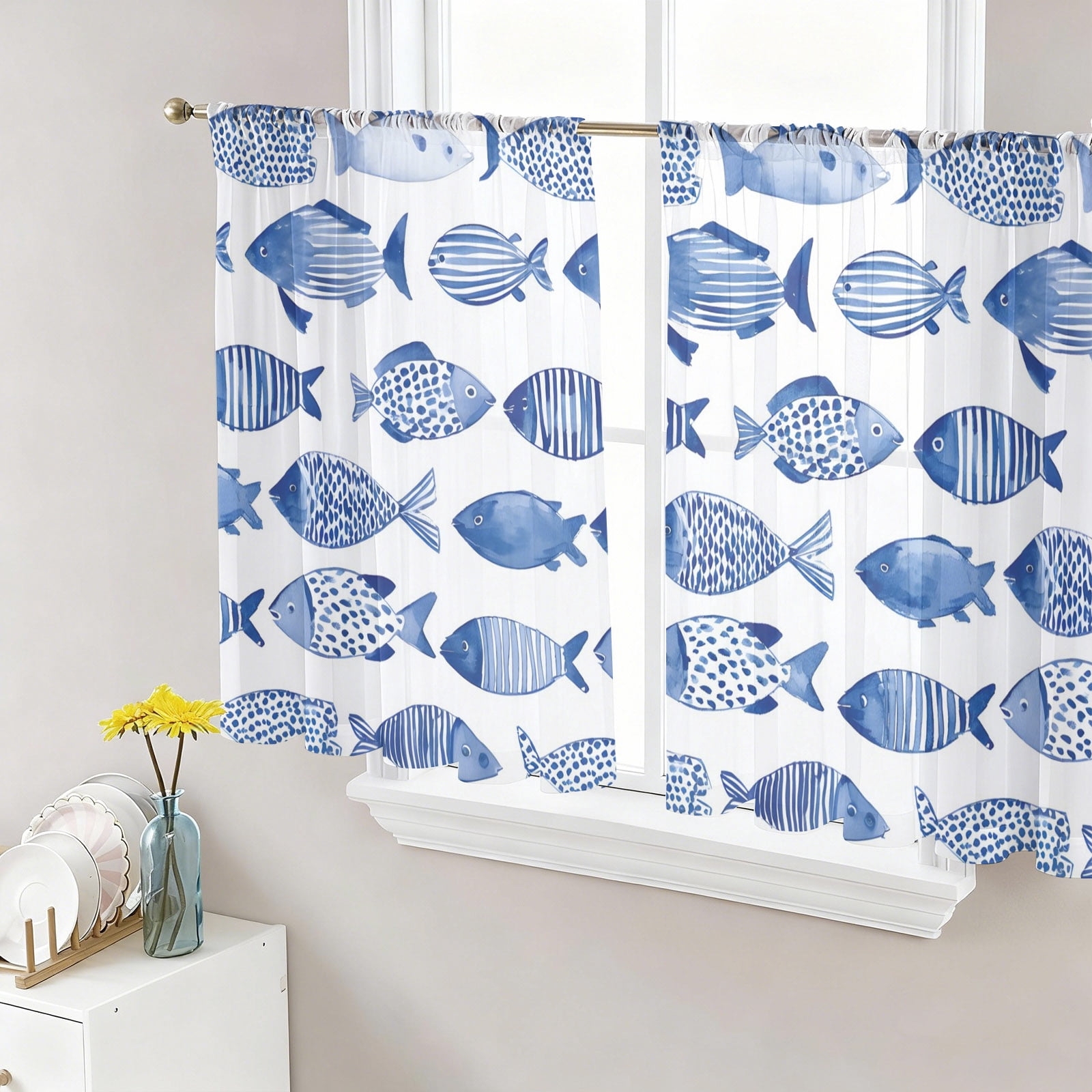 Blue Fish Scale Semi Sheer Curtains 45 Inch Length 2 Panels Set ...