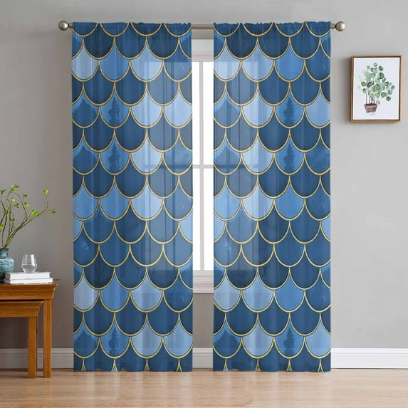 Blue Fish Scale Sheer Curtains 63 Inch Length 2 Panels Set, Semi Transparent Voile Rod Pocket ...