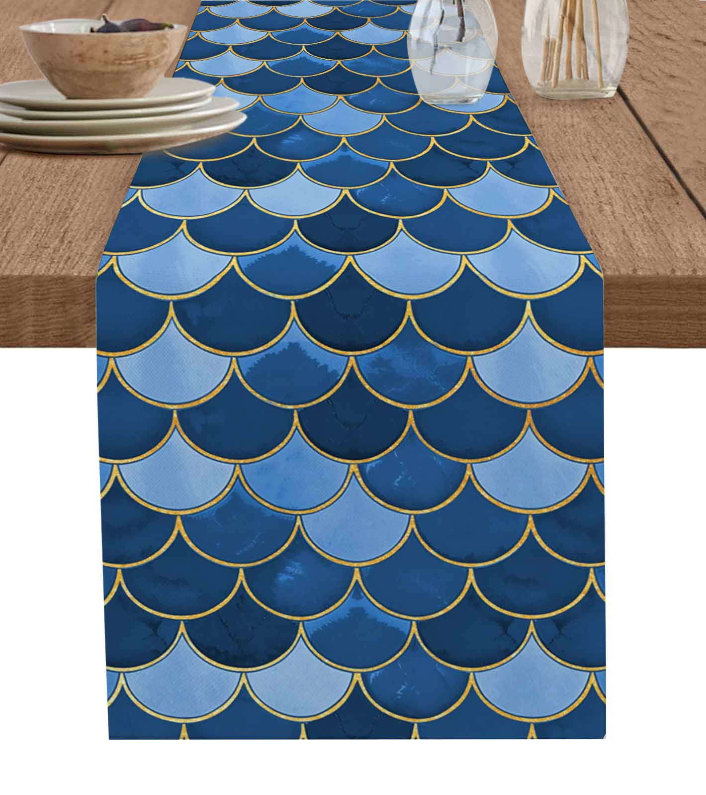 Blue Fish Scale Table Runner 72 Inches, Modern Geometric Ombre Abstract ...