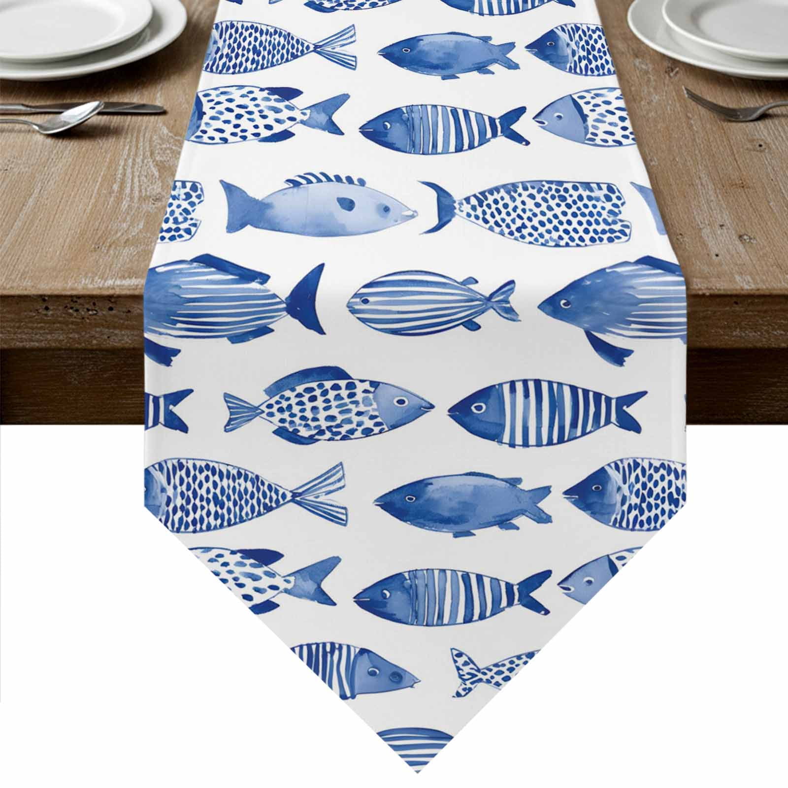 Blue Fish Scale Table Runner Linen Burlap Table Runner 108 Inches Long ...