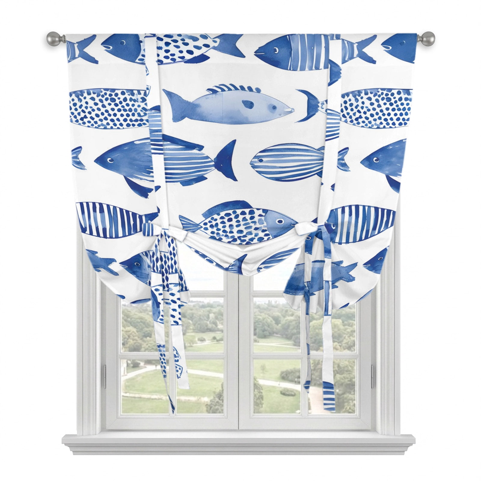 Blue Fish Scale Tie Up Curtains for Windows 63 Inch Length Balloon ...