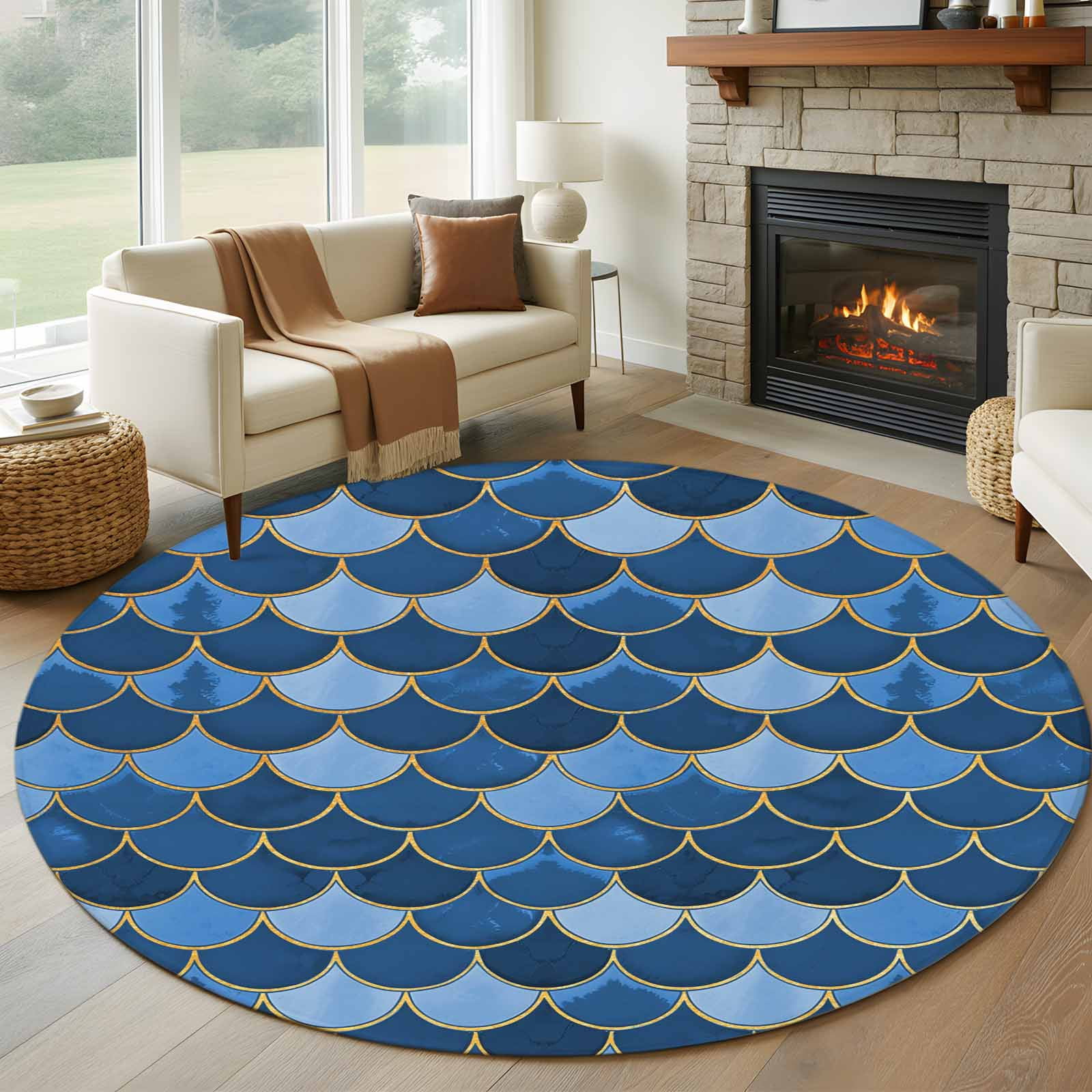 Blue Fish Scales 7ft Round Rug for Living Room Conversation Area, Ombre ...