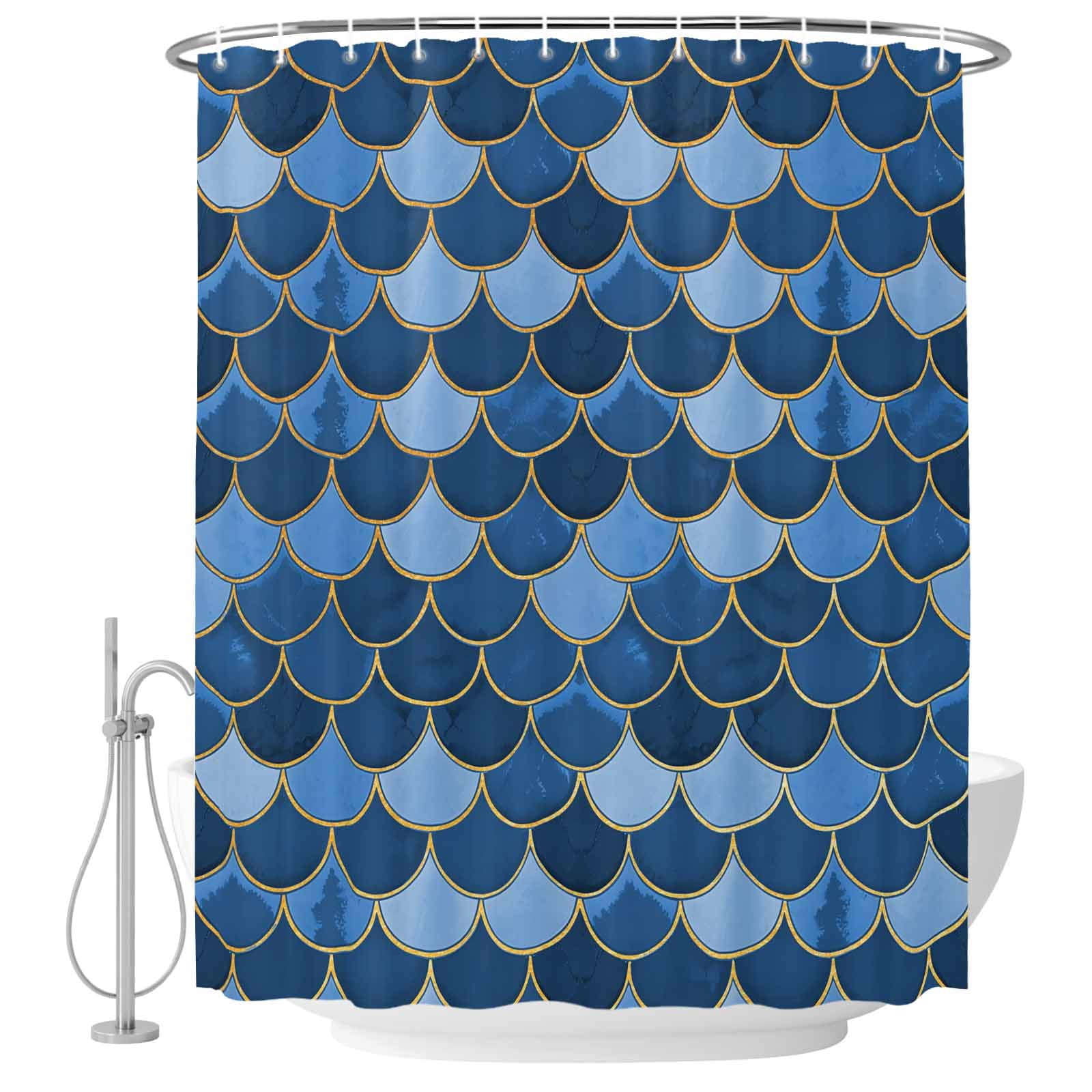 Blue Fish Scales Bathroom Shower Curtains with Hooks, Ombre Fish Tail ...