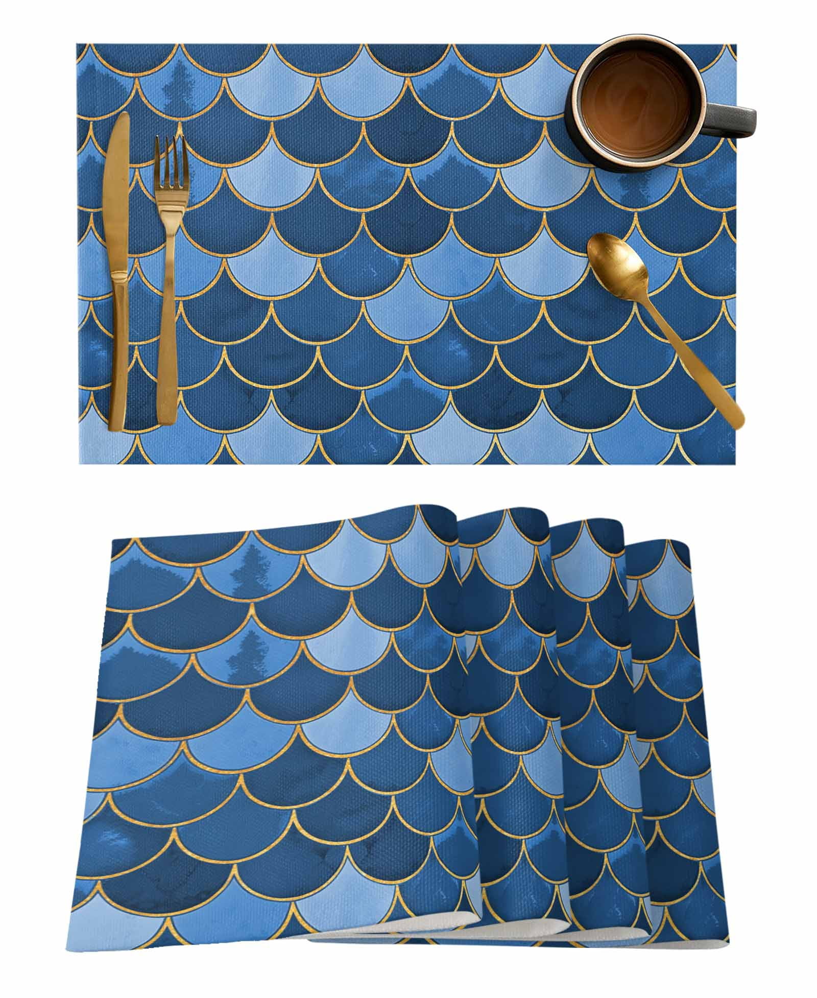 Blue Fish Scales Placemats Set of 8 Ombre Fish Tail Abstract Art ...