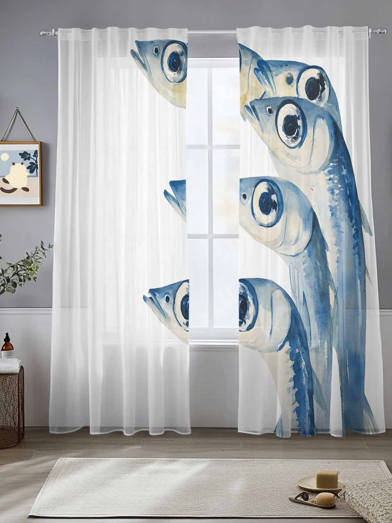 Blue Fish Sheer Curtains for Living Room Bedroom Coastal Ocean Animal ...
