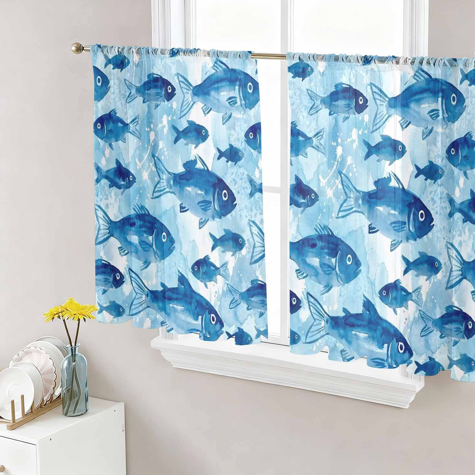 Blue Fish Sheer Curtains for Living Room Bedroom, Ocean Life Watercolor ...