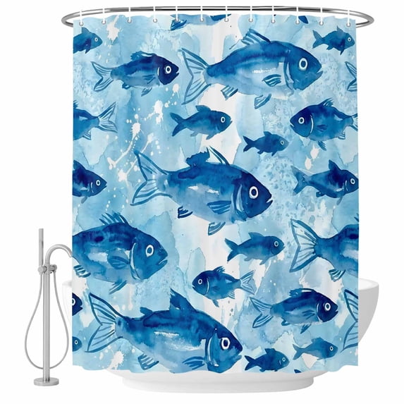 Blue Fish Shower Curtain, 72"x72", Ocean Life Watercolor Fish Coastal ...