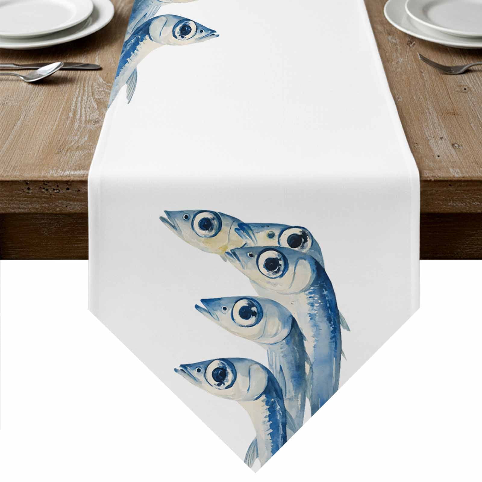 Blue Fish Table Runner Linen Burlap Table Runner 72 Inches Long Coastal ...