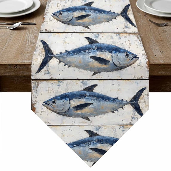 Blue Fish Table Runner Linen Burlap Table Runner 90 Inches Long Vintage ...