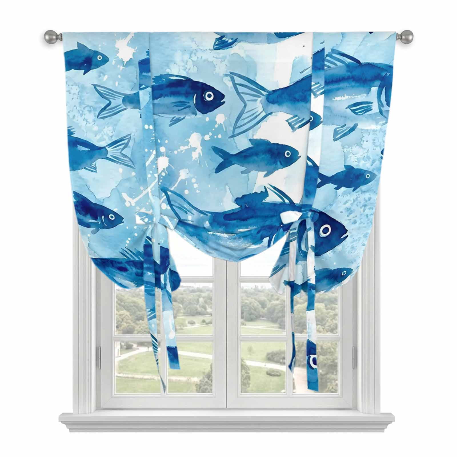 Blue Fish Tie Up Curtains for Window, Thermal Insulated Balloon Shade ...