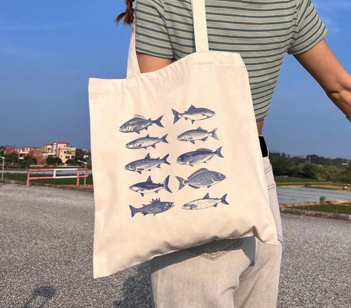 Blue Fish Tote Bag Gift For Fish Lover Sea Ocean Aesthetic Coral ...