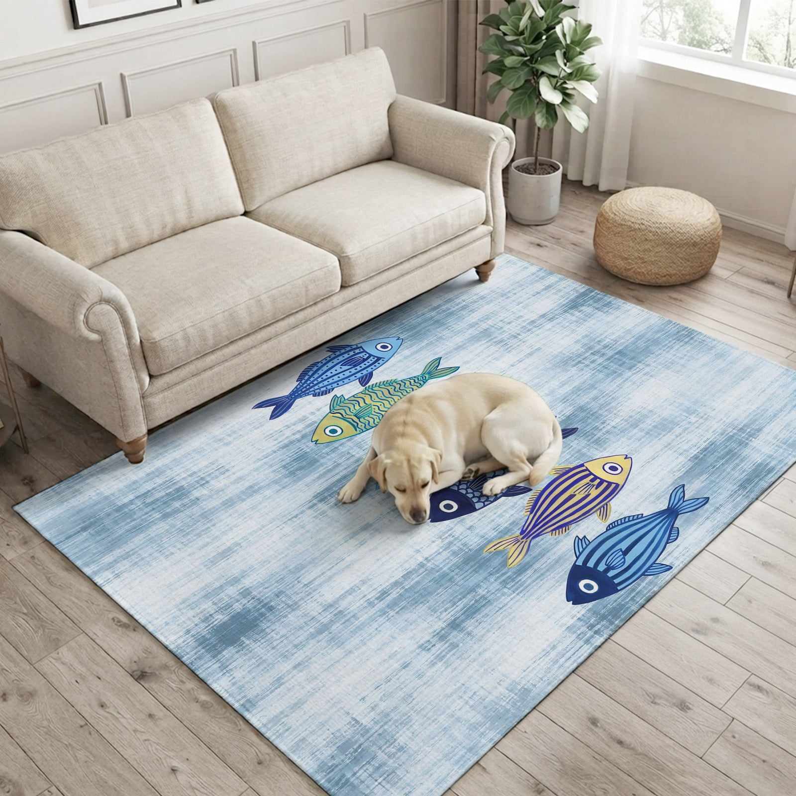 Blue Fish Washable Area Rug 4x6 Coastal Nautical Folk Art Green Yellow ...