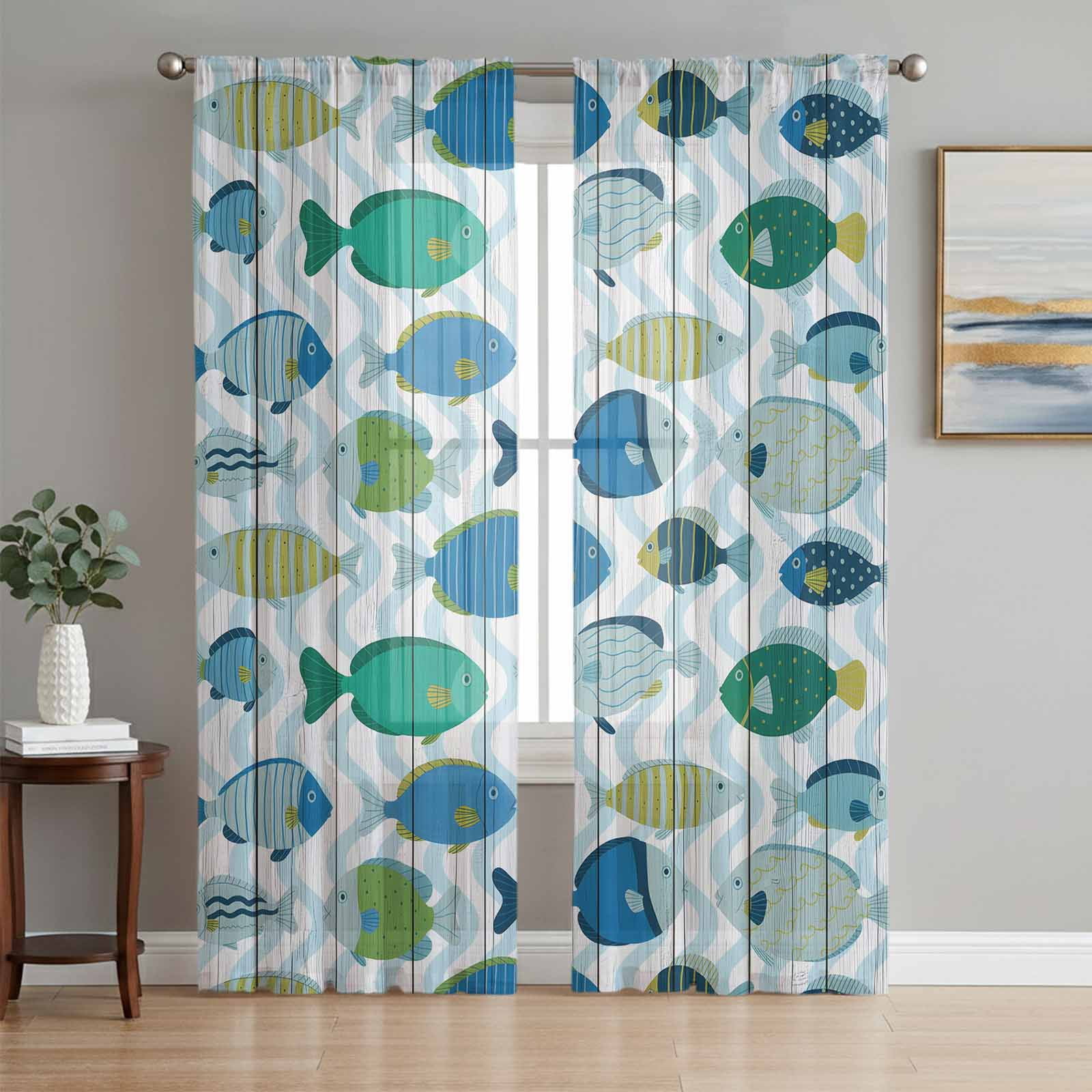 Blue Fishes Sheer Curtains 72 Inch Length 2 Panels Set, Cartoon Coastal ...