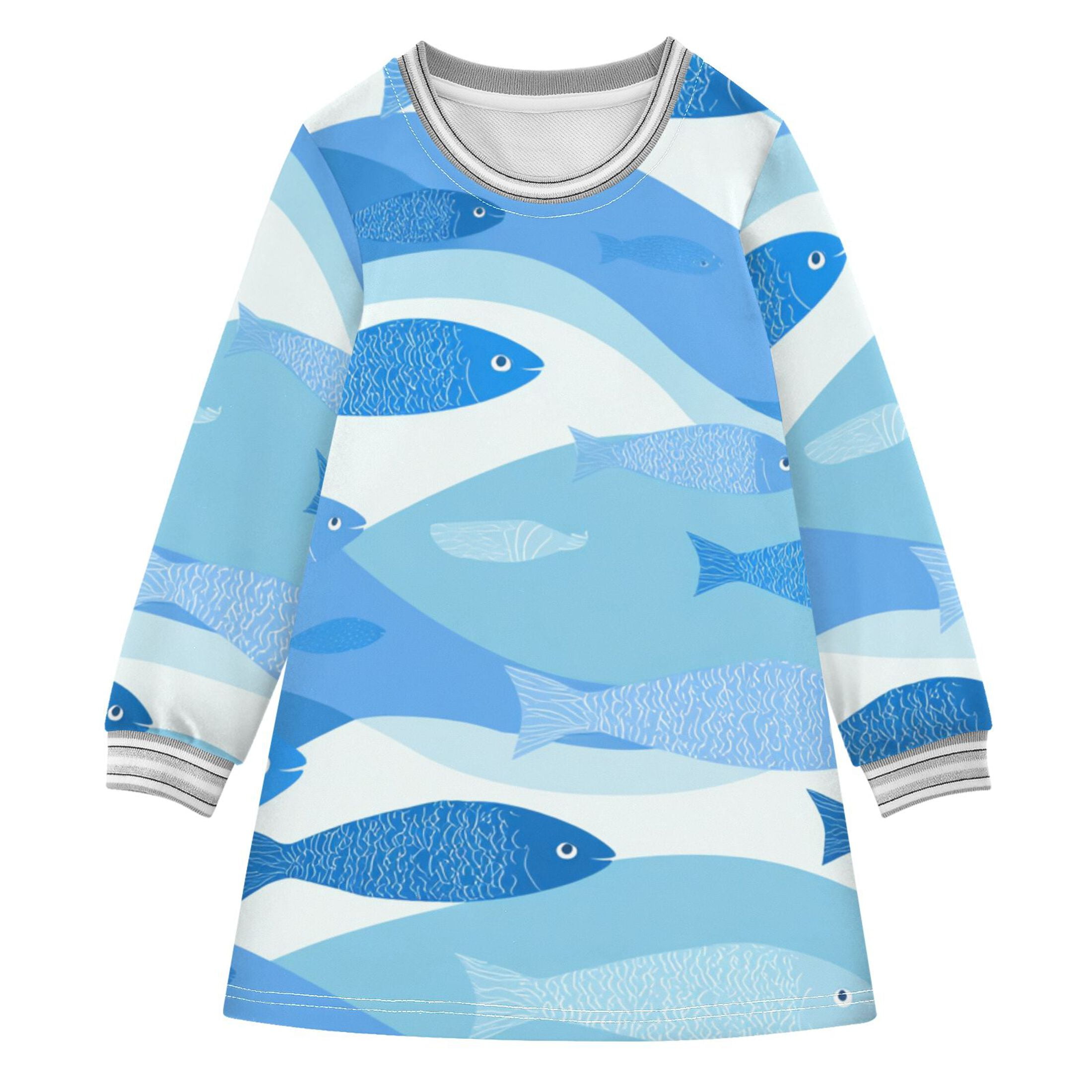 Blue Fishes in Waves Long-sleeved Dress A-line One-Piece Dress for 2-8 ...