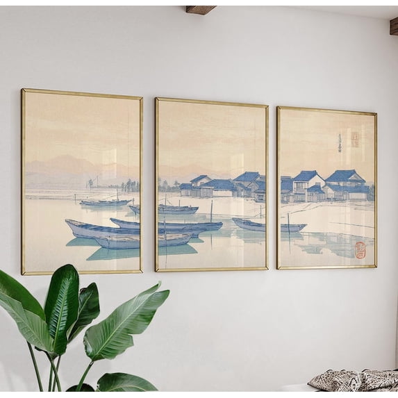 Blue Fishing Village Coastal Boat Minimal Seaside Wall Art Set 3 ...