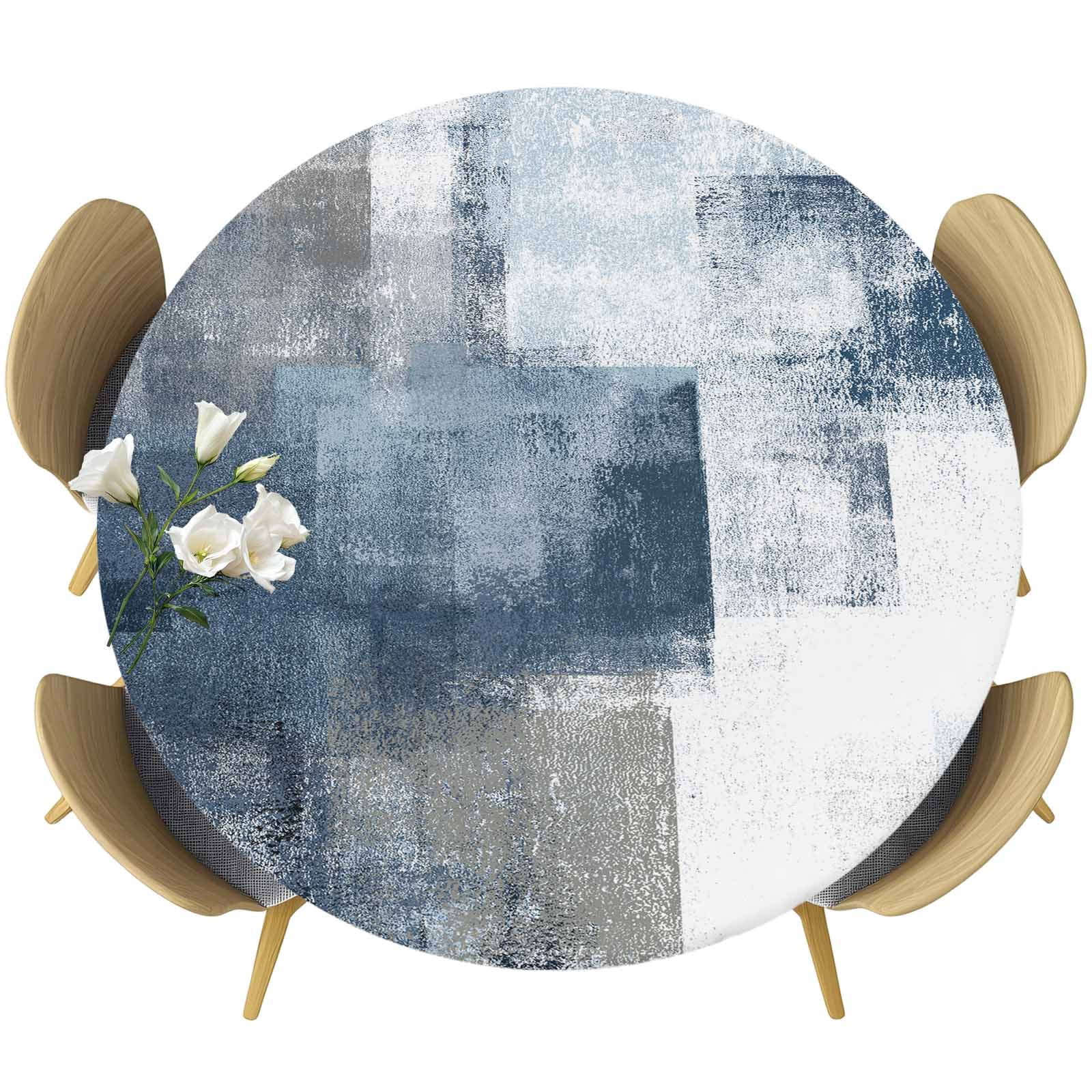 Blue Fitted Tablecloth with Elastic Edged, Round Table Cloth for Dining ...