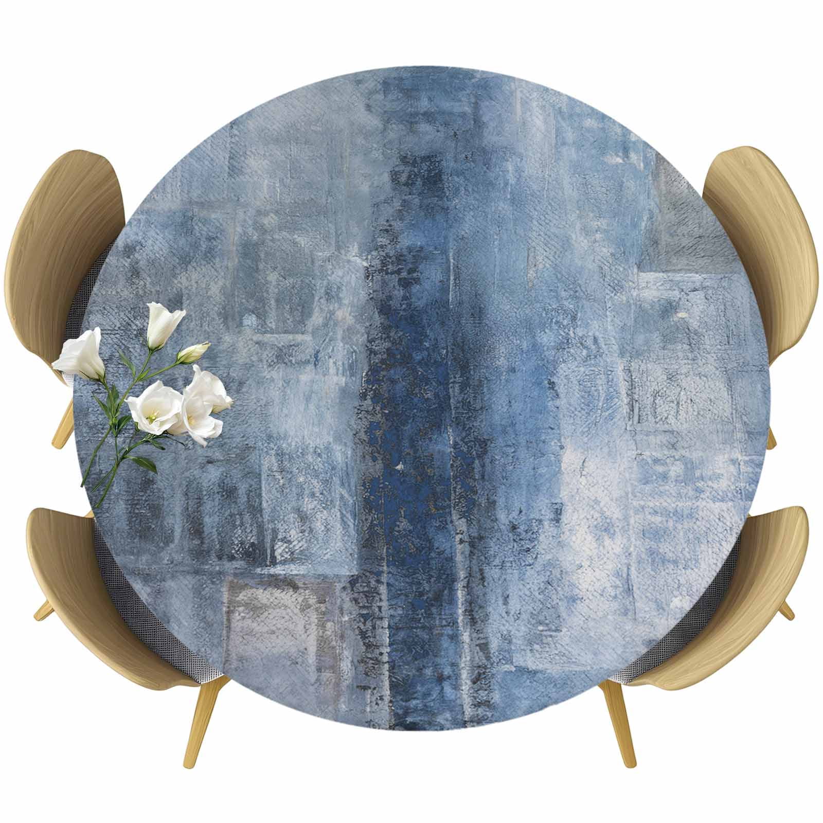 Blue Fitted Tablecloth with Elastic Edged, Round Table Cloth for Dining ...