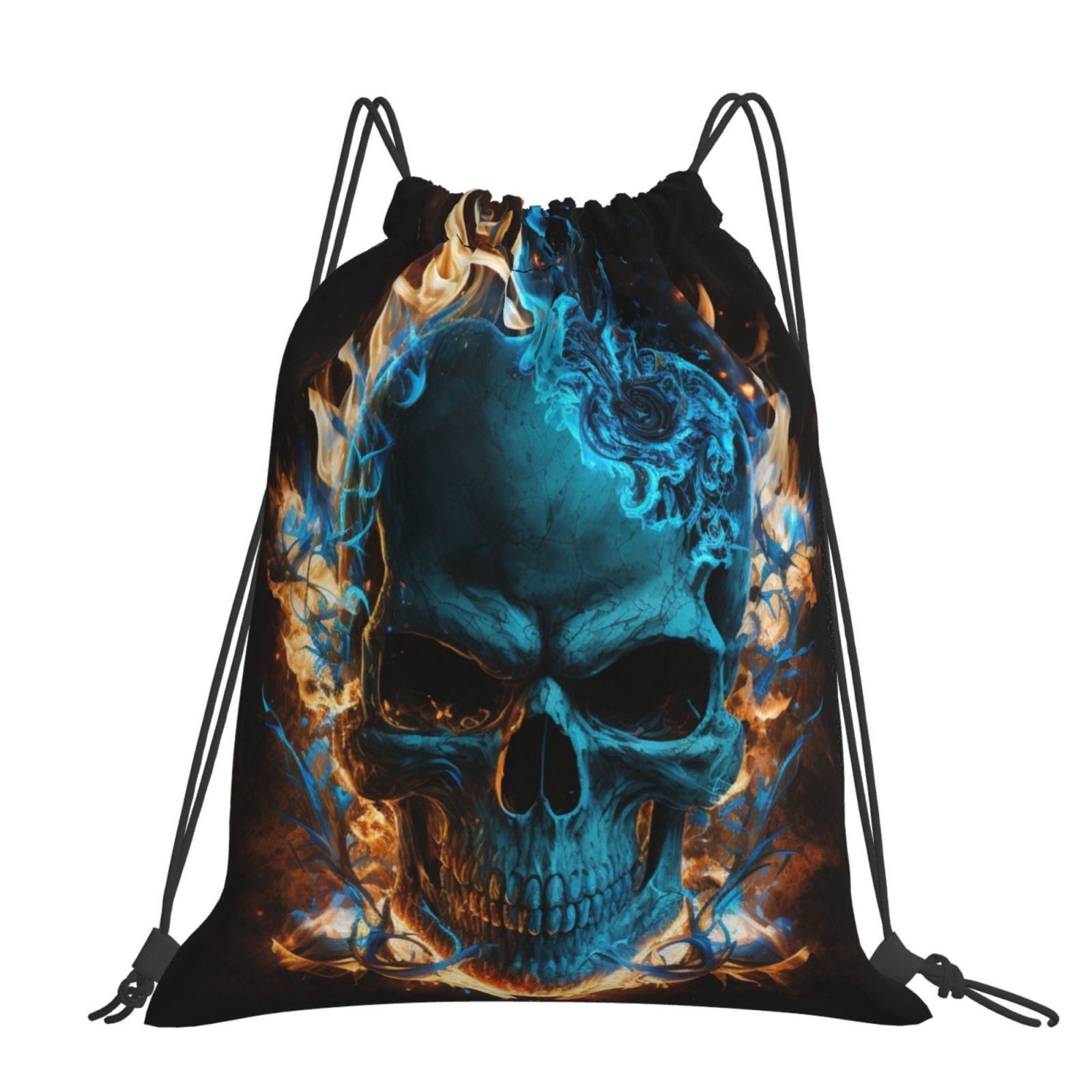 Blue Flame Fire Skull Burning Large Drawstring Backpack Casual Cinch ...