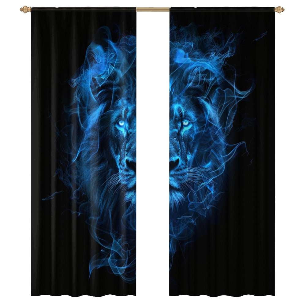 Blue Flame Lion Sheer Window Curtains for Living Room Kitchen Bedroom ...