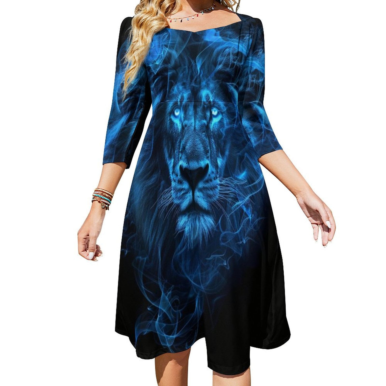 Blue Flame Lion Sweetheart Knot Flared Dress Fashion Design Large Size ...