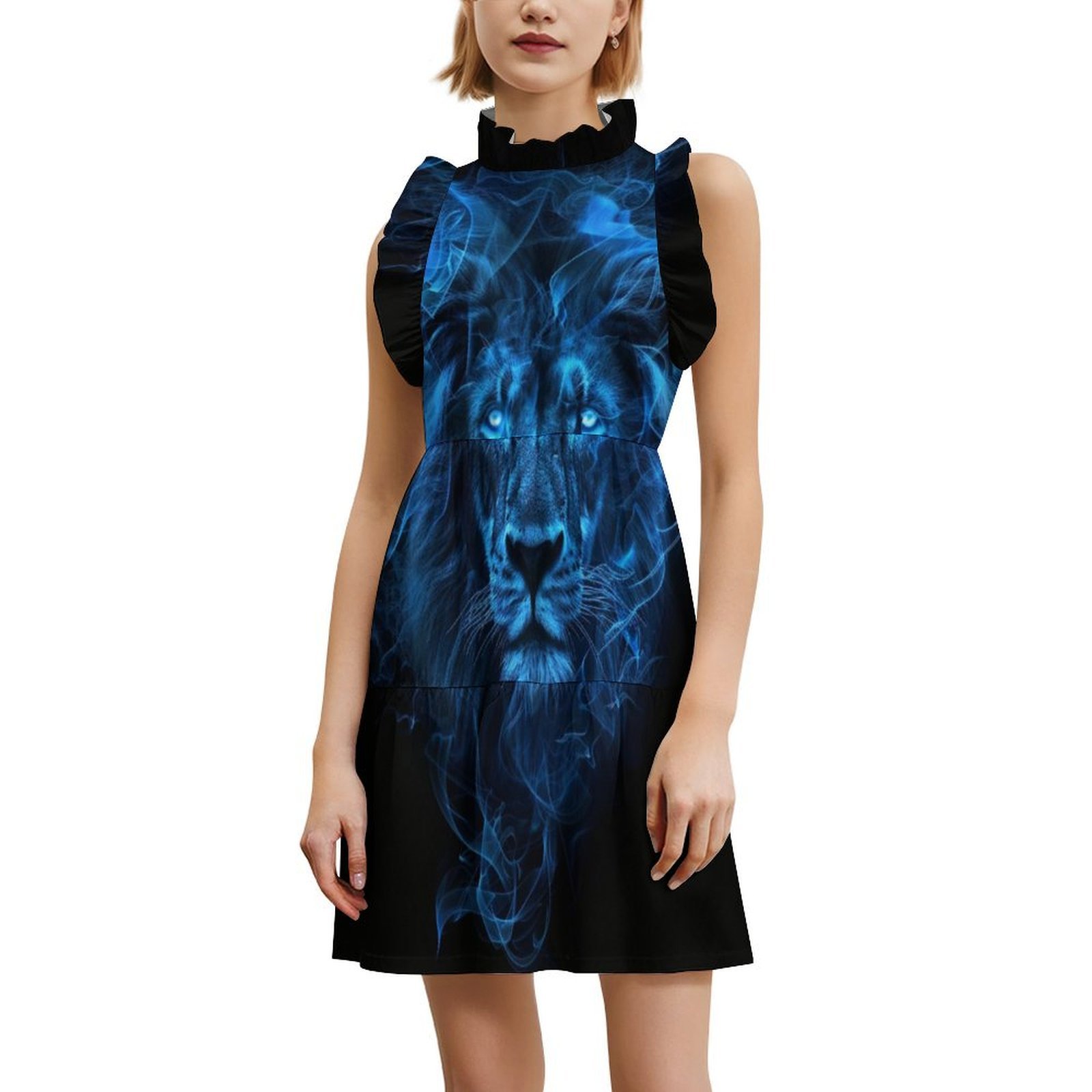 Blue Flame Lion Women's Fashion Casual Dress Summer Stand Up Collar ...