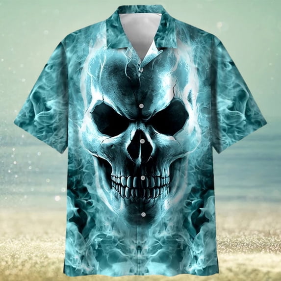 Blue Flame Skull Art – Skull Unisex Hawaiian Shirt Summer Hawaiian For ...