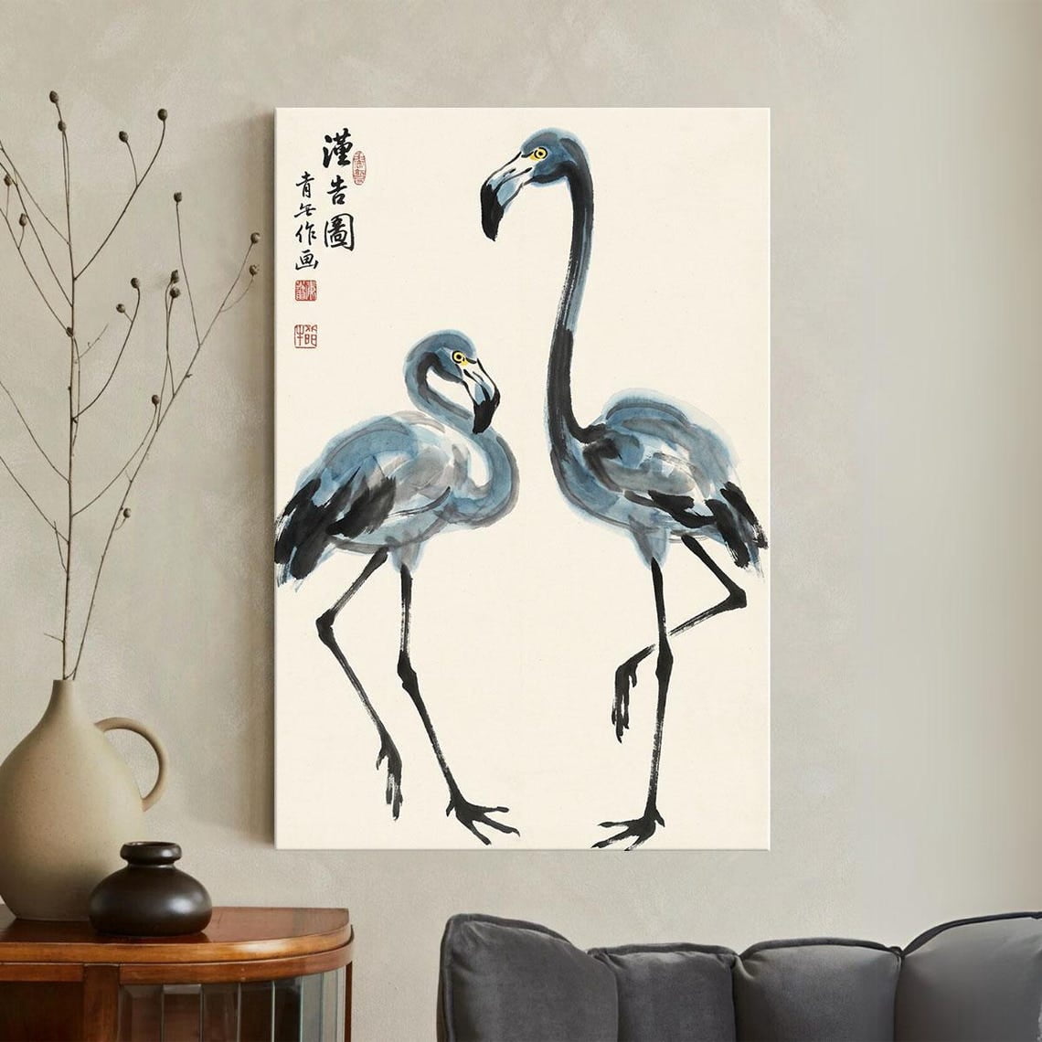 Blue Flamingo Chinese Ink Print Bird Wall Art Asian Zen Animal ...
