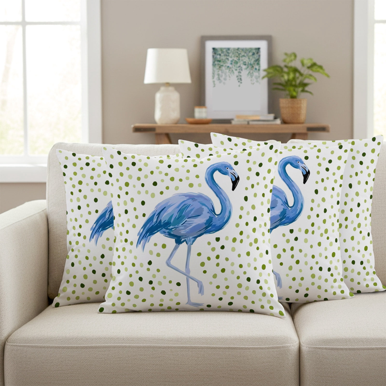 Blue Flamingo Pillow Covers Set of 4, Art Green Polka Dots Animals ...