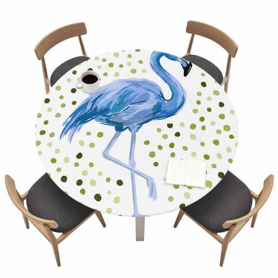 Blue Flamingo Round Fitted Table Cover Art Green Polka Dots Animals ...