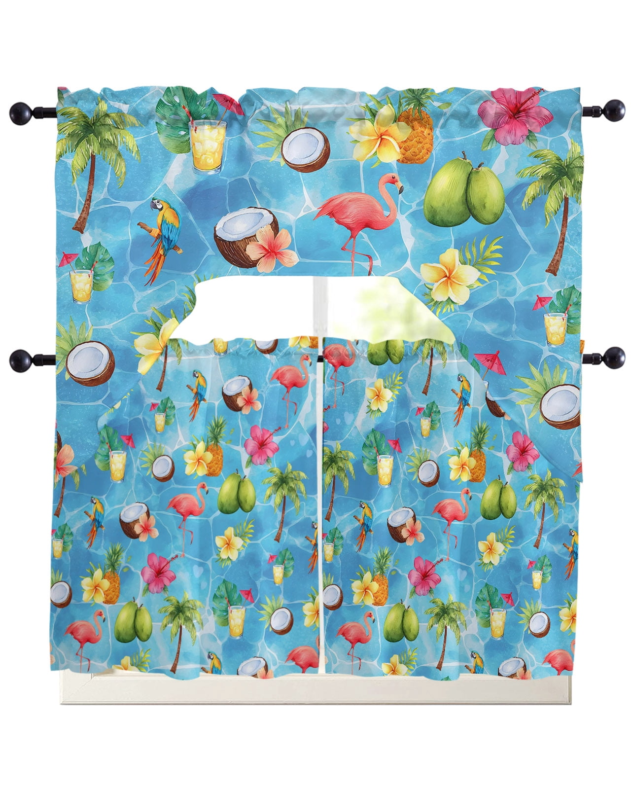 Blue Flamingos Kitchen Curtains Set for Windows 3 Piece Cafe Curtains ...