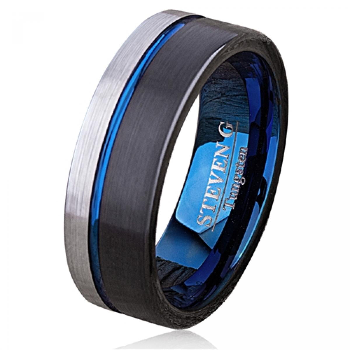 Blue Flat Groove Side And Polished Inner Band With Silver And Black ...