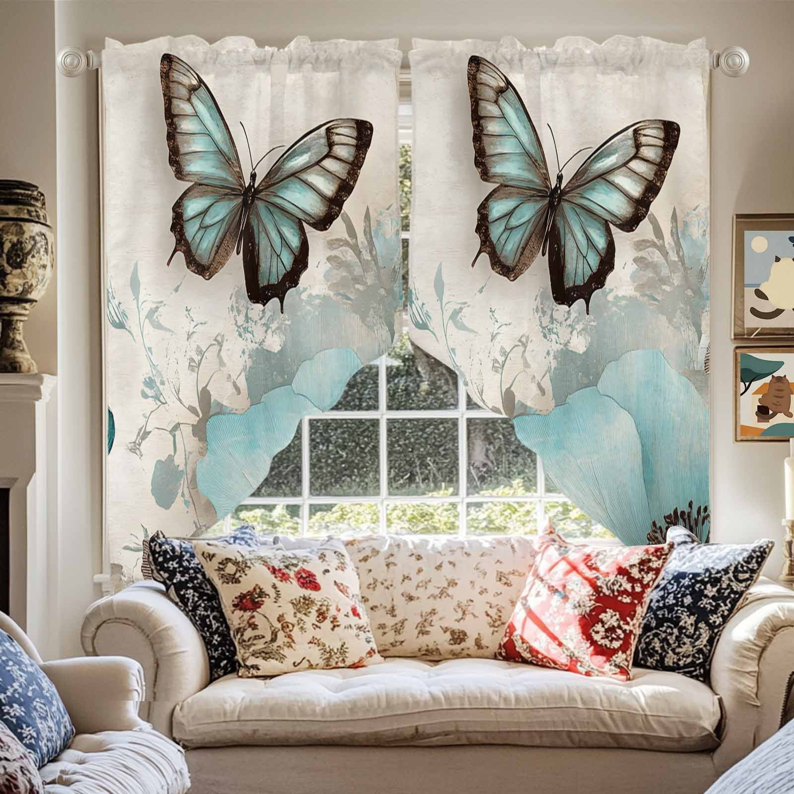 Blue Flora Butterfly Swag Curtain Valance for Windows, Watercolor Retro ...