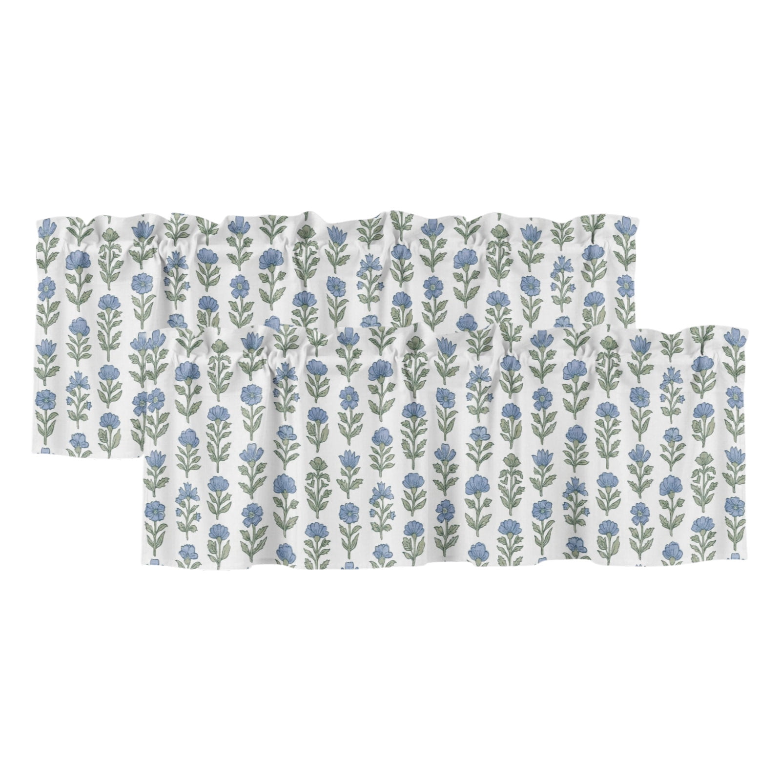 Blue Floral 2 Panels Kitchen Valance, Country Watercolor Pastoral ...