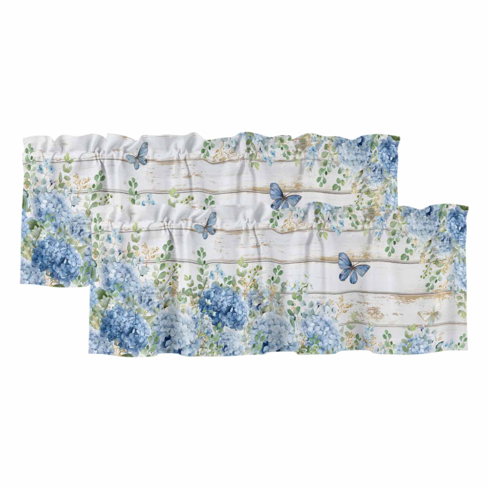 Blue Floral 2 Panels Kitchen Valance, Summer Country Hydrangea Floral ...