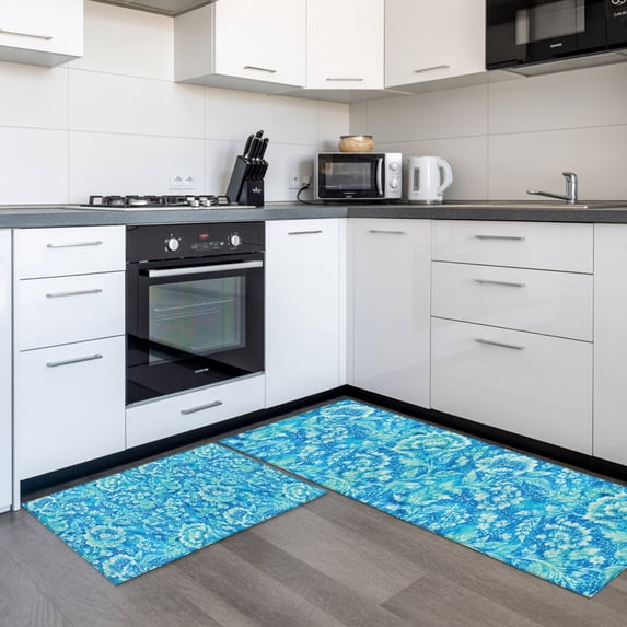 Blue Floral 2 Pieces Non-Slip Kitchen Mat Set, Country Vintage ...