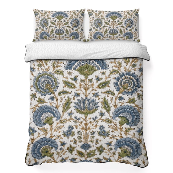 Blue Floral 3 Piece Quilt Bedding Set with 2 Pillow Shams, Bohemian ...