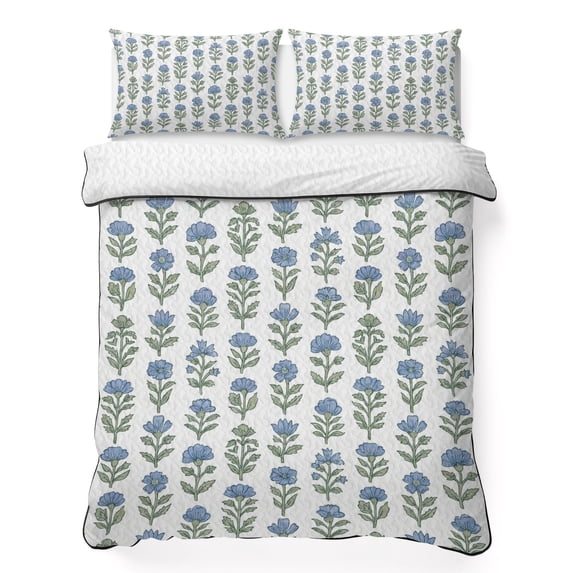 Blue Floral 3 Piece Quilt Bedding Set with 2 Pillow Shams, Country ...