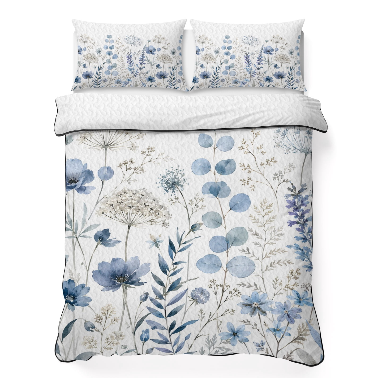 Blue Floral 3 Piece Quilt Bedding Set with 2 Pillow Shams, Countryside ...