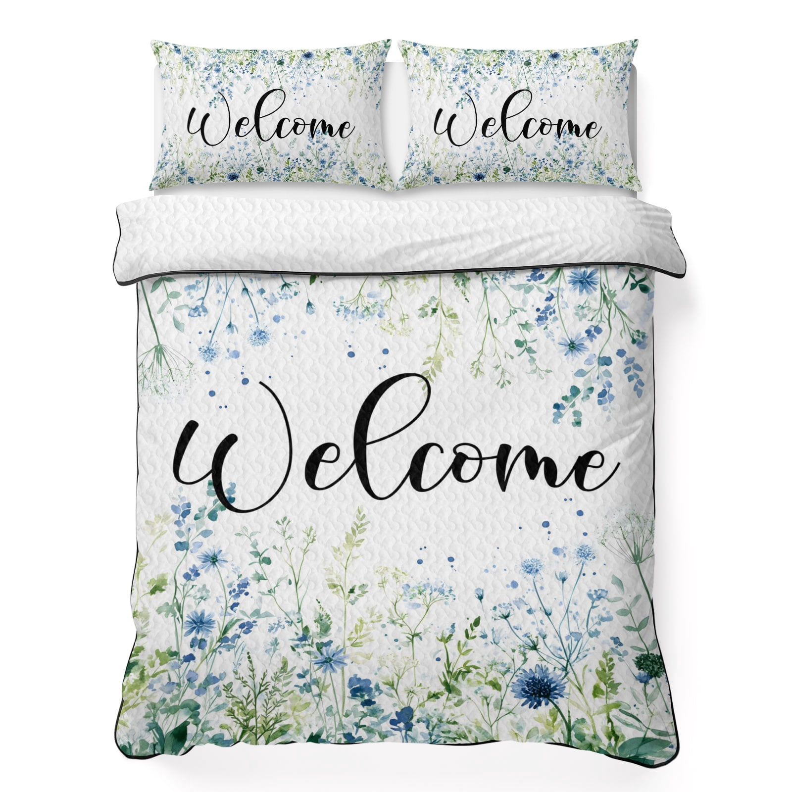 Blue Floral 3 Piece Quilt Bedding Set with 2 Pillow Shams, Welcome ...
