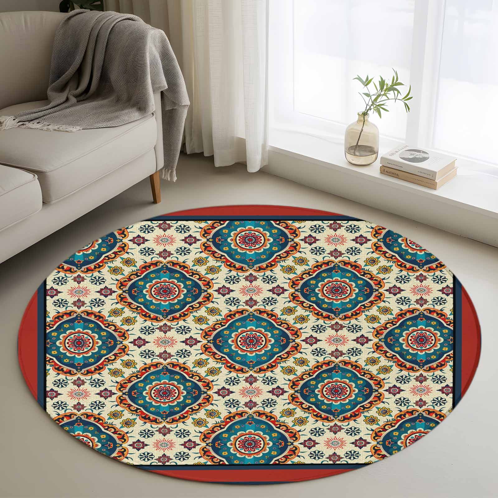 Blue Floral 4' Round Rug for Cozy Reading Nook Home Office Chair Area ...