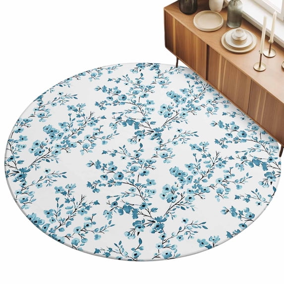 Blue Floral 4ft Non Slip Round Area Rug Watercolor Flower Leaves Bud ...
