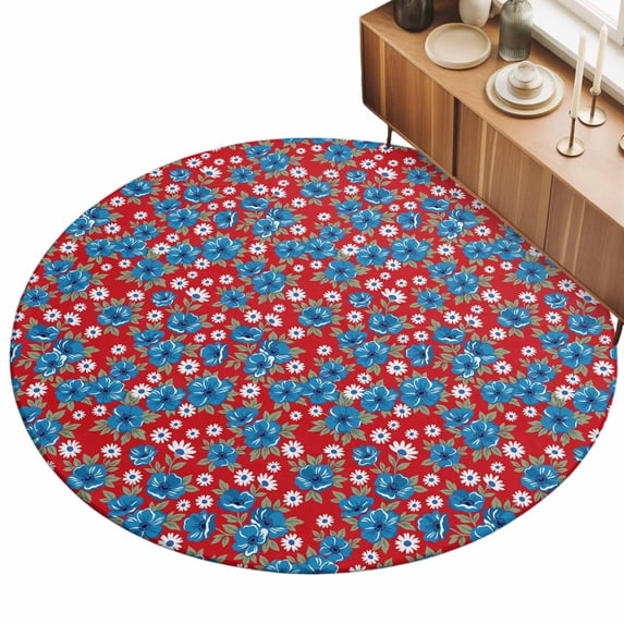 Blue Floral 5ft Non Slip Round Area Rug Flower Leaves Farmhouse Red ...