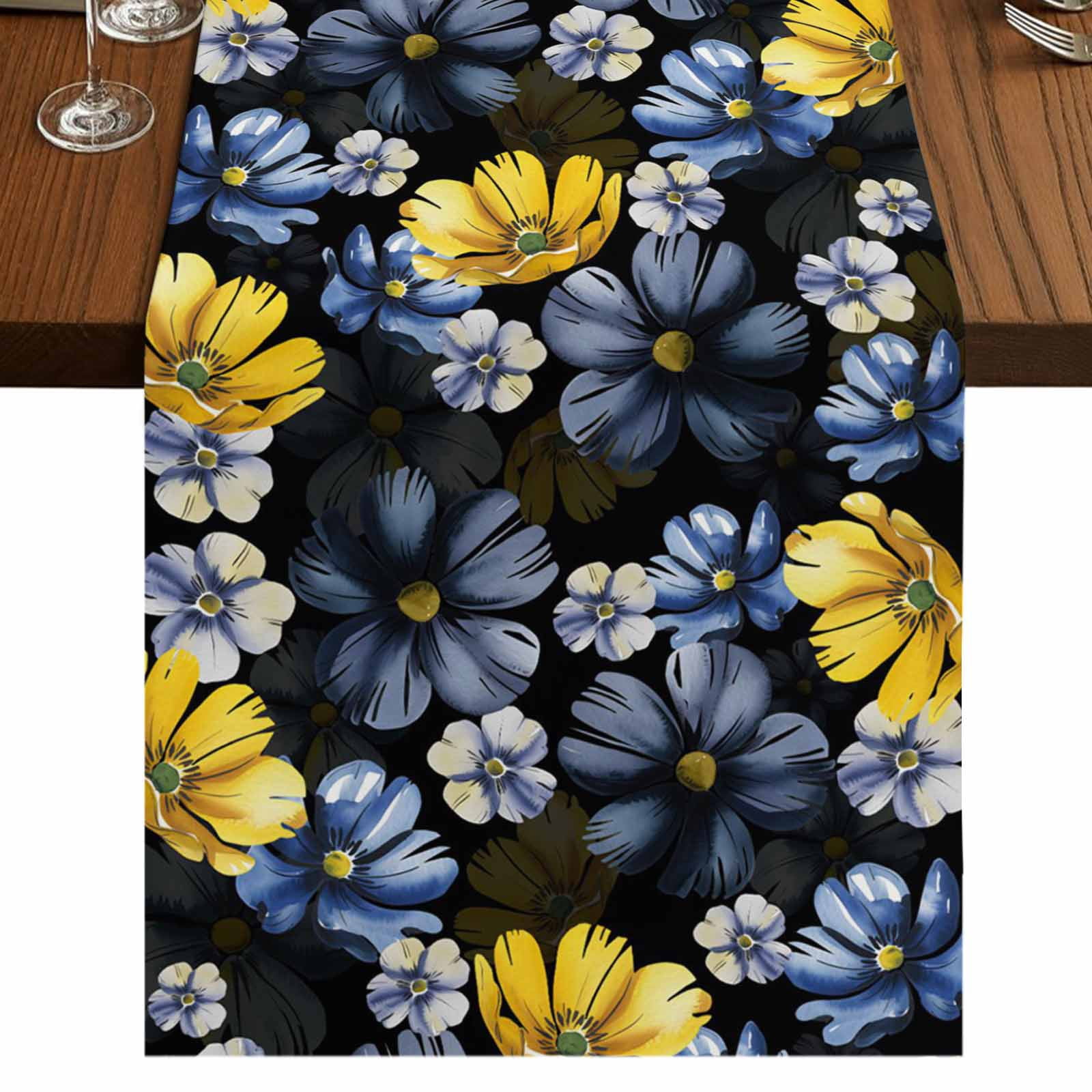 Blue Floral 60 Inch Table Runner, Vintage Yellow Garden Blossom Flower ...