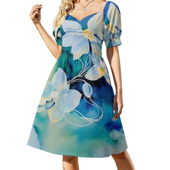 Blue Floral Abstract Art Short Sleeve Dress Clothes Women's Summer ...