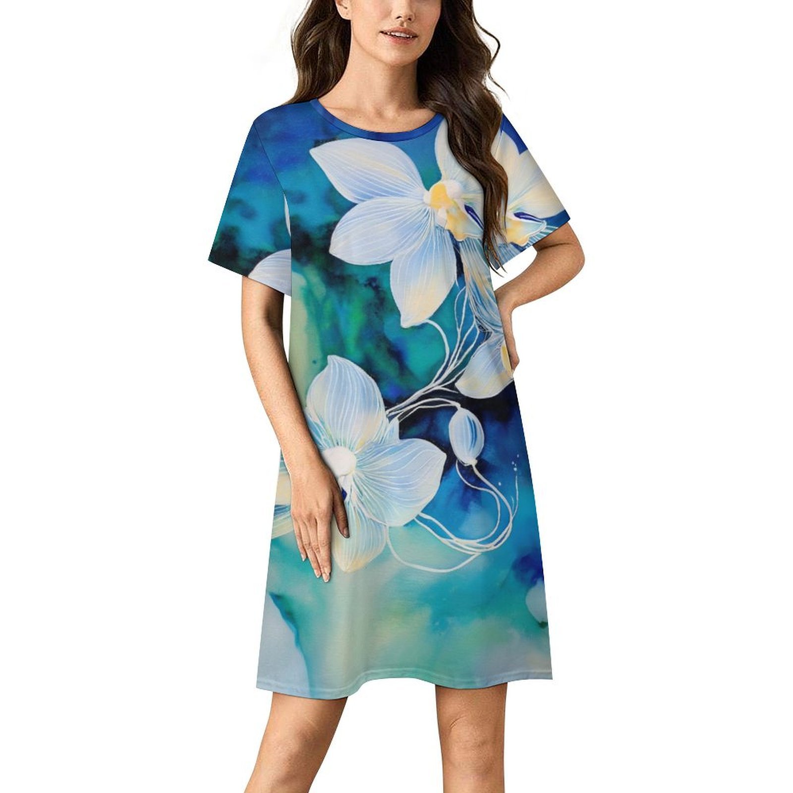 Blue Floral Abstract Art Women Nightgown Sleepwear Short Sleeves For ...