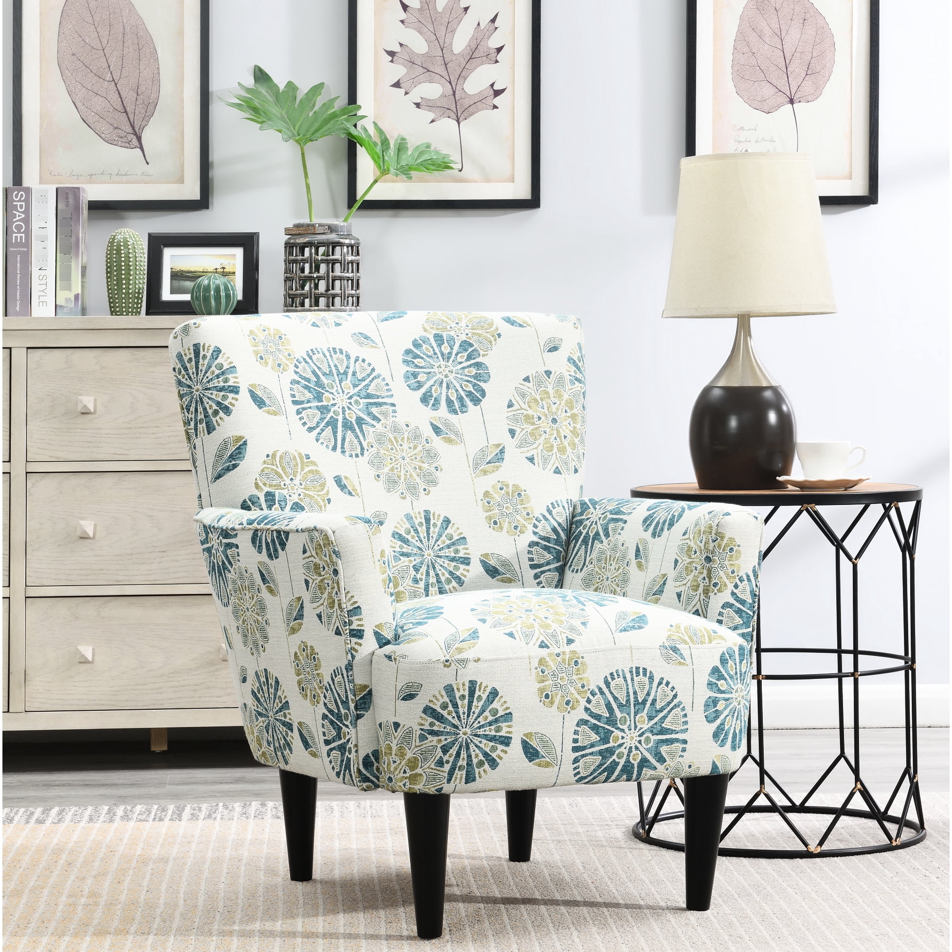 Blue Floral Accent Chair With Adjustable - Engineered Wood, Foam Filled ...