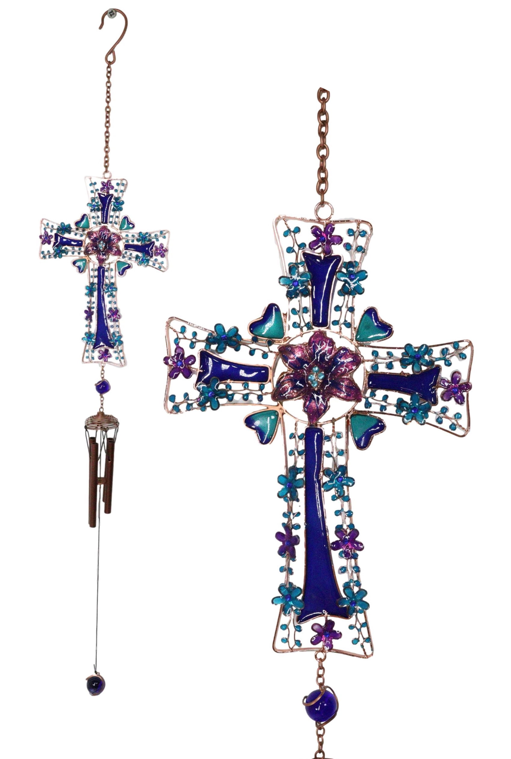 Blue Floral Aquamarine Cross With Gemstones Metal Scroll Filigree Wind ...