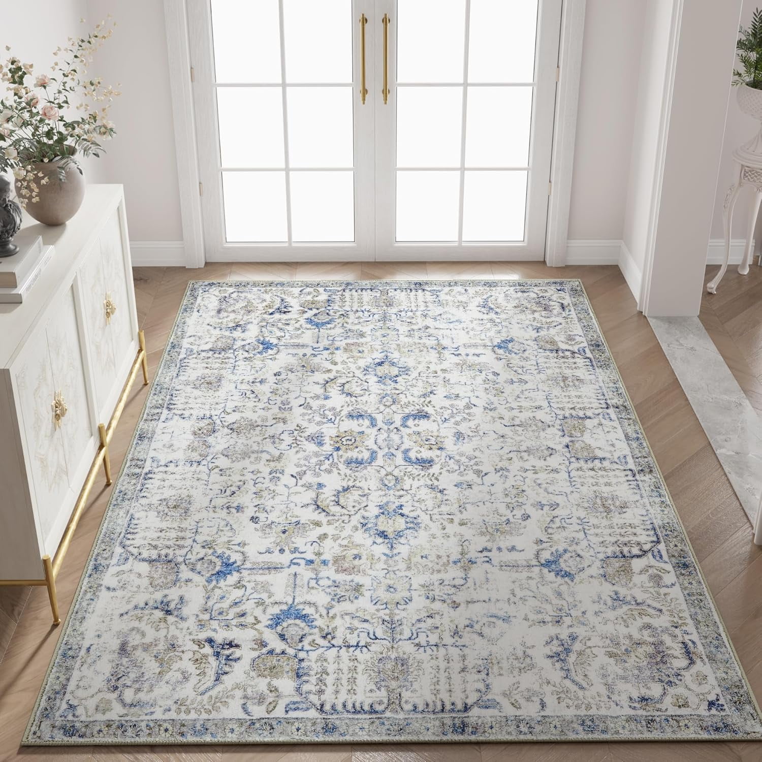 Blue Floral Area Rug 4x6 Washable Vintage Distressed Indoor Retro Thin ...
