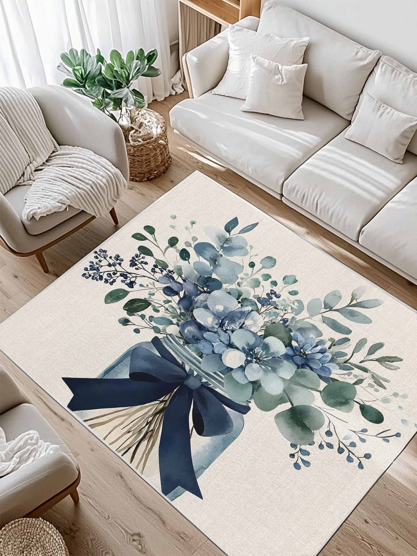 Blue Floral Area Rug for Bedroom 4x6 Ft Pastoral Eucalyptus Leaf Bow ...