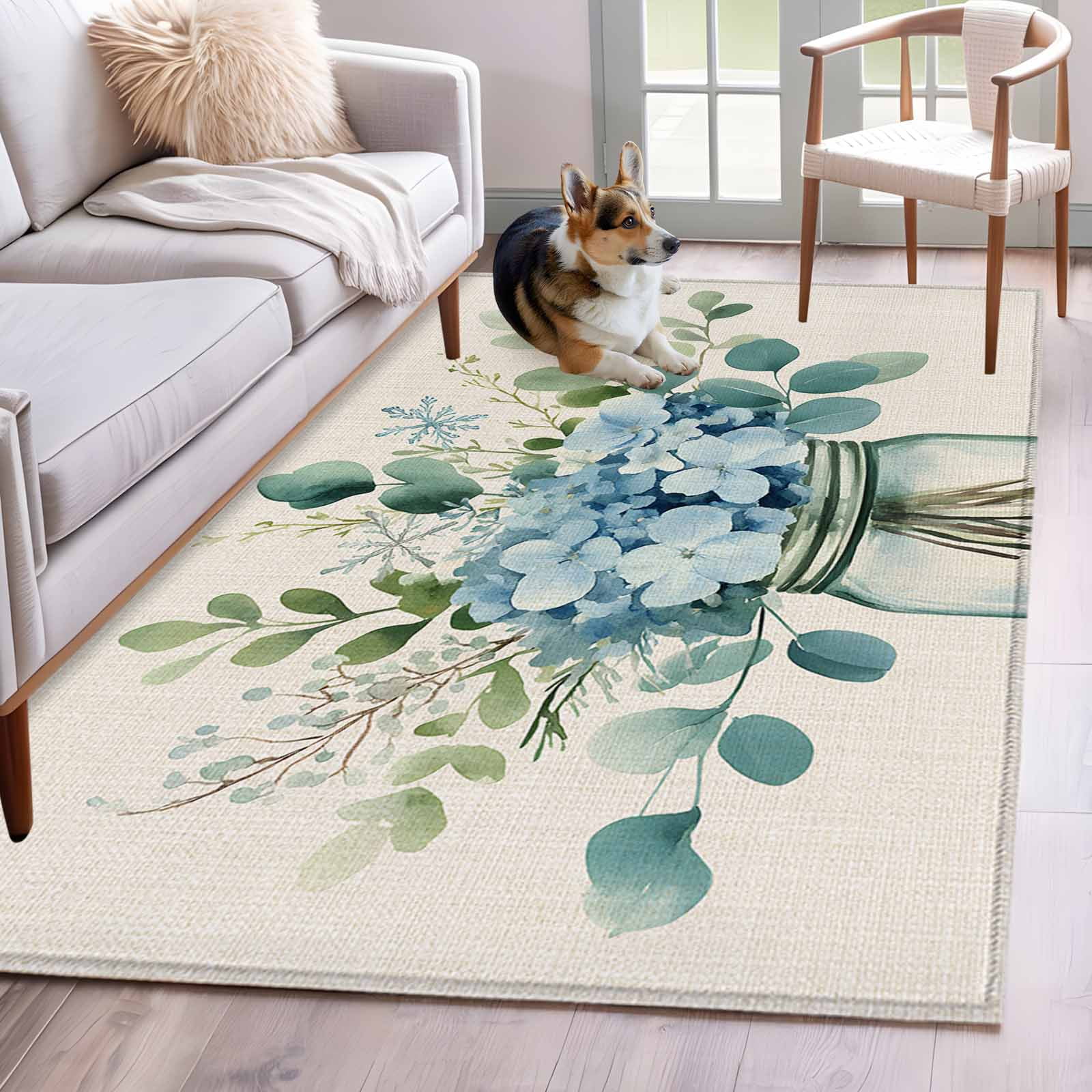 Blue Floral Area Rugs 4x6 ft Pastoral Eucalyptus Leaf Linen Texture ...